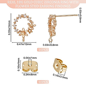 Beebeecraft 1 Box 10Pcs Flower Stud Earring Findings 18K Gold Plated Cubic Zirconia Crystal Ring Oval Circle Earrings Studs with Dangle Loop and Ear Nuts for Earring Making Findings Hole 0.8mm