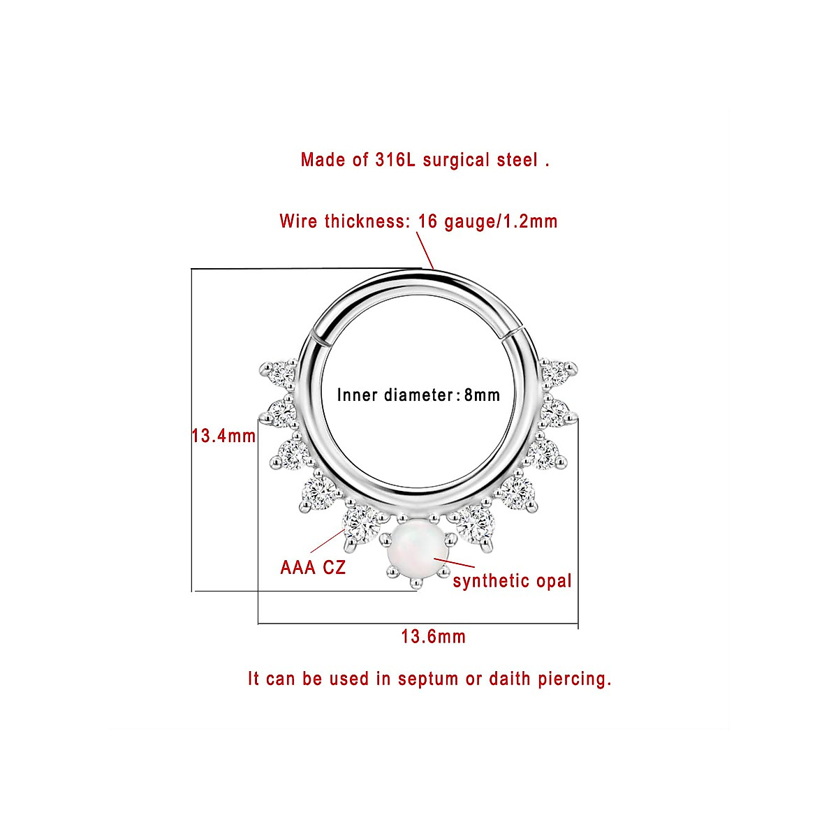 FANSING White Opal Septum Rings for Women 16 Gauge Septum Clicker Surgical Steel Septum Piercing Rings 16g Septum Jewelry 8mm Spike Septum Hoop with Clear CZ