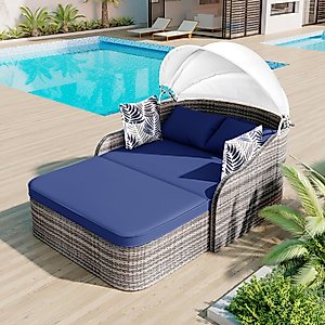 Bellemave Outdoor Patio Sunbed Daybed with Adjustable Canopy,PE Wicker Rattan Daybed Double Chaise Lounger with Cushions and Pillows for Garden, Backyard(Blue)
