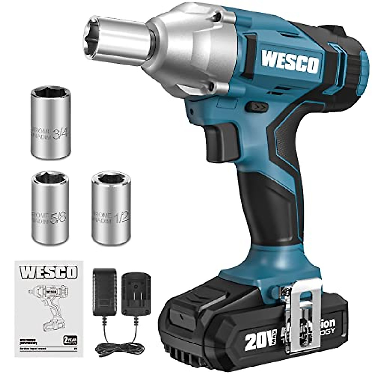 WESCO 20V Cordless Impact Wrench, 1/2",1602 In-lbs(180N.m),2.0A Li-ion Battery, LED Light 3 Pcs Drive Impact Sockets and 1 Hour Fast Charger