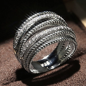 Stacking Ring Set Engagement Round Cut Zircons Women Wedding Rings Jewelry Rings for Woman Full Diamond Ladies Ring Adjustable Heart Ring (White, 9)