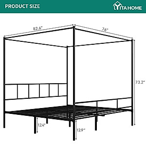 YITAHOME Queen Size Bed Frame, Metal Canopy Four Poster Bed Frame with Built-in Headboard Strong Metal Slat Mattress Support, No Box Spring Needed, Black