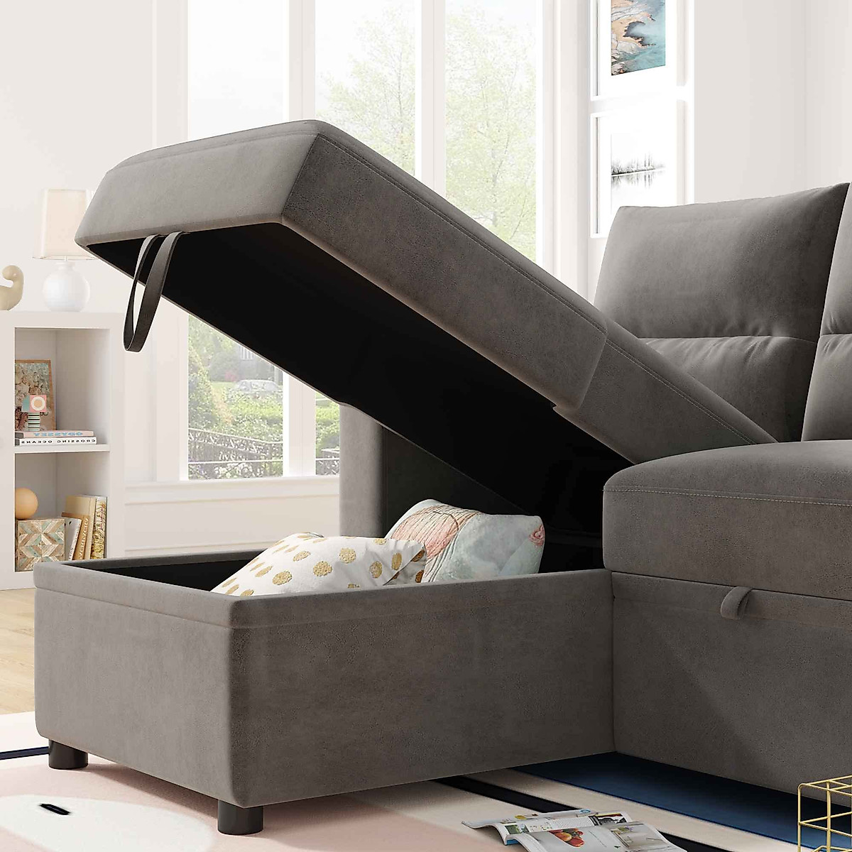 ATY Reversible Sectional Sofa Bed with 2 Pull-Out Sleepers, L-Shape Corner Couch with Storage Chaise, 3 Seat Both Left Right Handed with loveseat, 82.1 Grey Brown