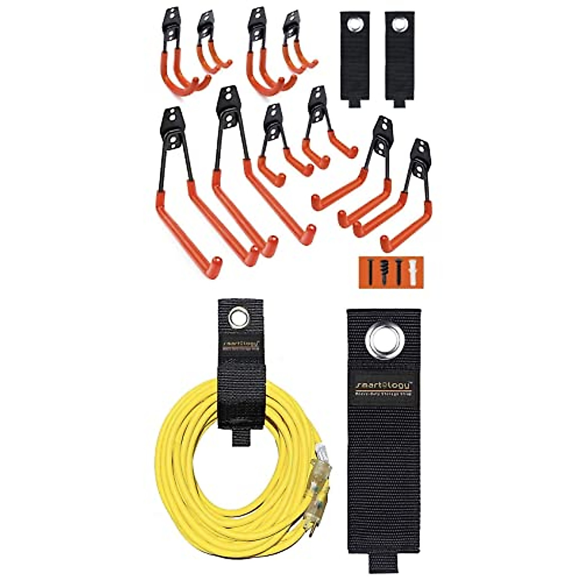 SMARTOLOGY 10 Packs Heavy-Duty Garage Wall Hooks and 11 Extension Cord Storage Straps Set