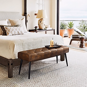 LUE BONA Button-Tufted Ottoman Bench, 44.5'' Faux Leather Upholstered Bedroom Bench, Padded Entryway Bench, End of Bed Bench with Metal Legs, for Decorative, Living Room, Dining Room, Yellowish Brown