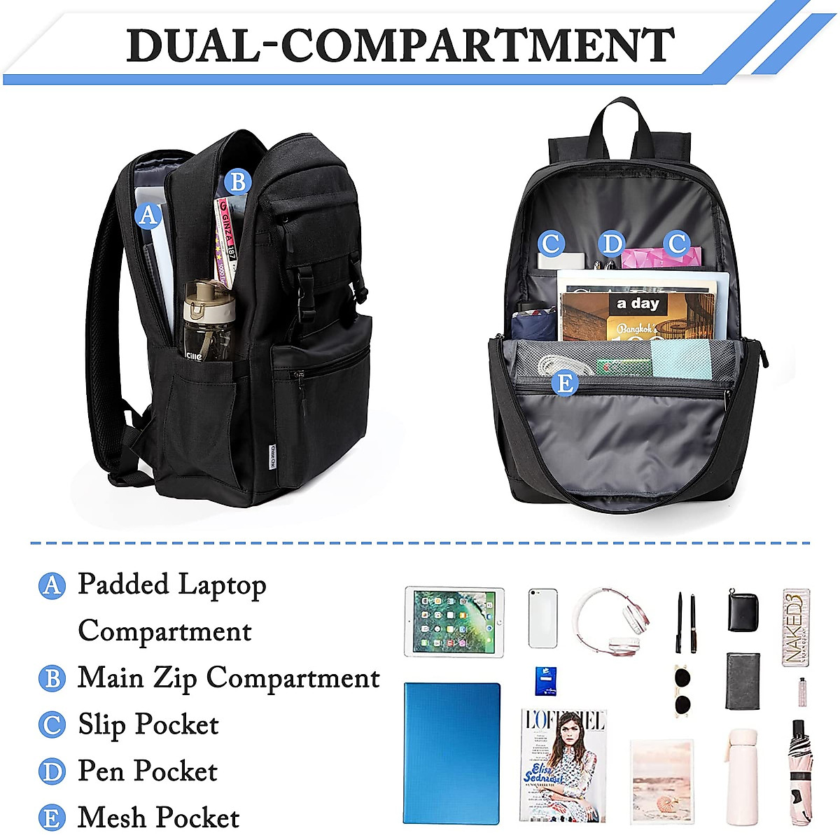 Laptop Backpack Mens, ChaseChic Large Anti Theft Travel Backpack, Waterproof School Rucksack Bag fit 15.6" Laptop (Black)