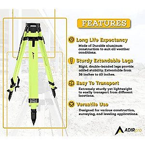 AdirPro High Visibility Universal Survey Tripod – Aluminum Laser Level Tripod – Transit Level Tripod - Quick Clamp - Heavy Duty Contractor Tripod 5/8” x 11” Thread (Green)