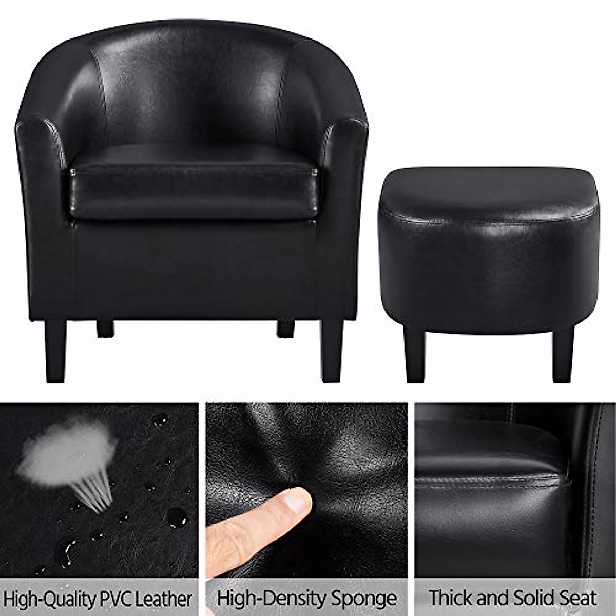 Yaheetech Lounge Chair Modern Chaise Lounge Armchair with Footstool Faux Leather Lounge Reading Chair with Footrest Black
