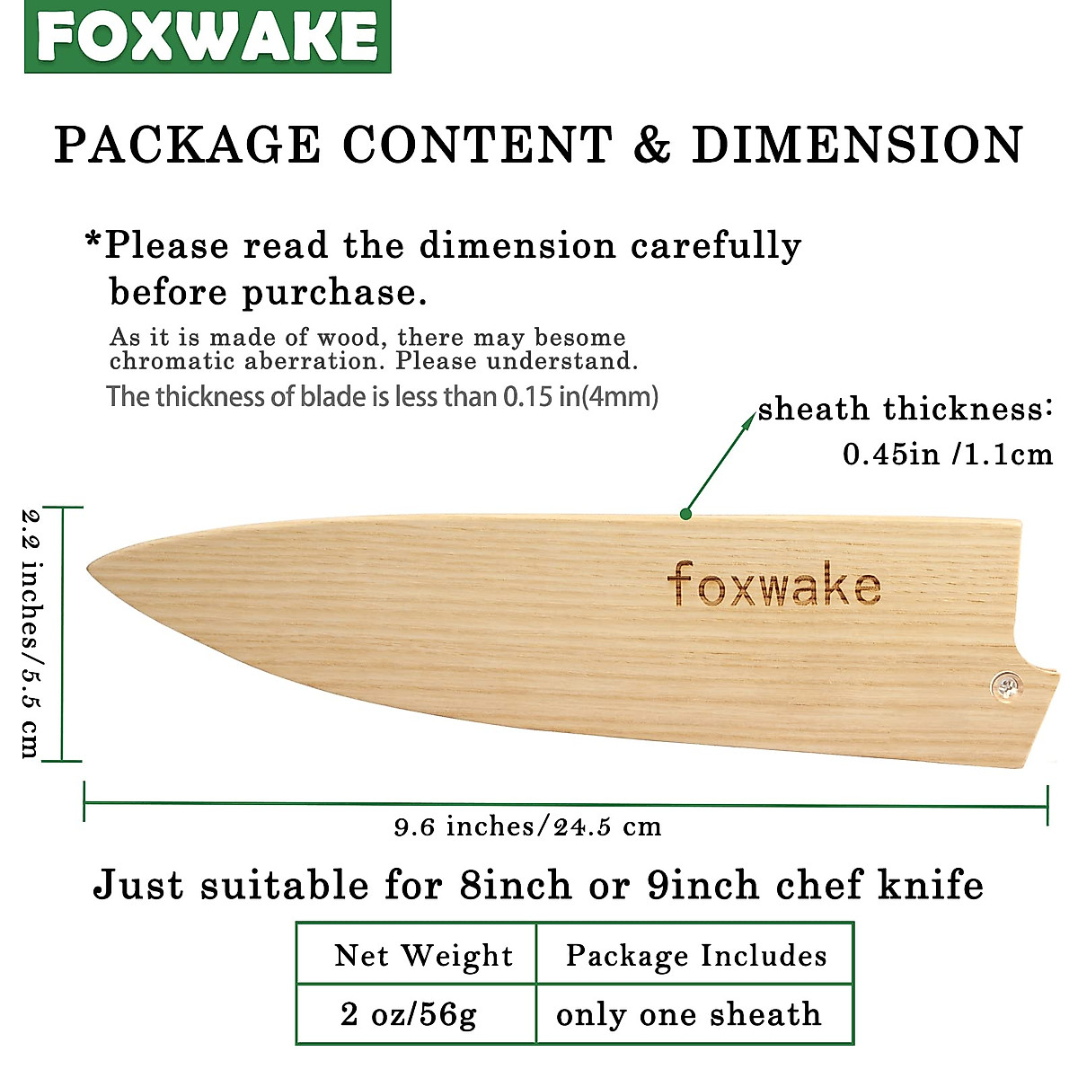 Foxwake Chef Knife Edge Guard, 8 Inch Wood Knife Sleeve, Knife Cover, Knife Sheath, Knife Blade Case with Pin, Single Knife Holder Fit for Gyuto Chef & Santoku Knife