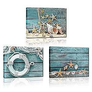 Biuteawal- 3 Piece Canvas Wall Art Starfish Shell on Teal Board Painting Prints Beach Nature Picture Canvas Artwork for Home Kitchen Bathroom Living Room Wall Decor Ready to Hang