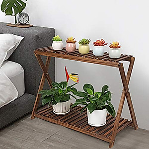 Tovacu Wood Plant Stand Indoor Outdoor 2 Tiers Flower Stand Corner Stepped Planter Shelf Rack Flowerpot Holder for Plant Display in Patio Balcony Entryway Porch Livingroom (Classic X-Cross Design)