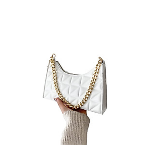 WDIRARA Women's Quilted Small Purse Chain Straps Shoulder Bag Zipper Handbag White