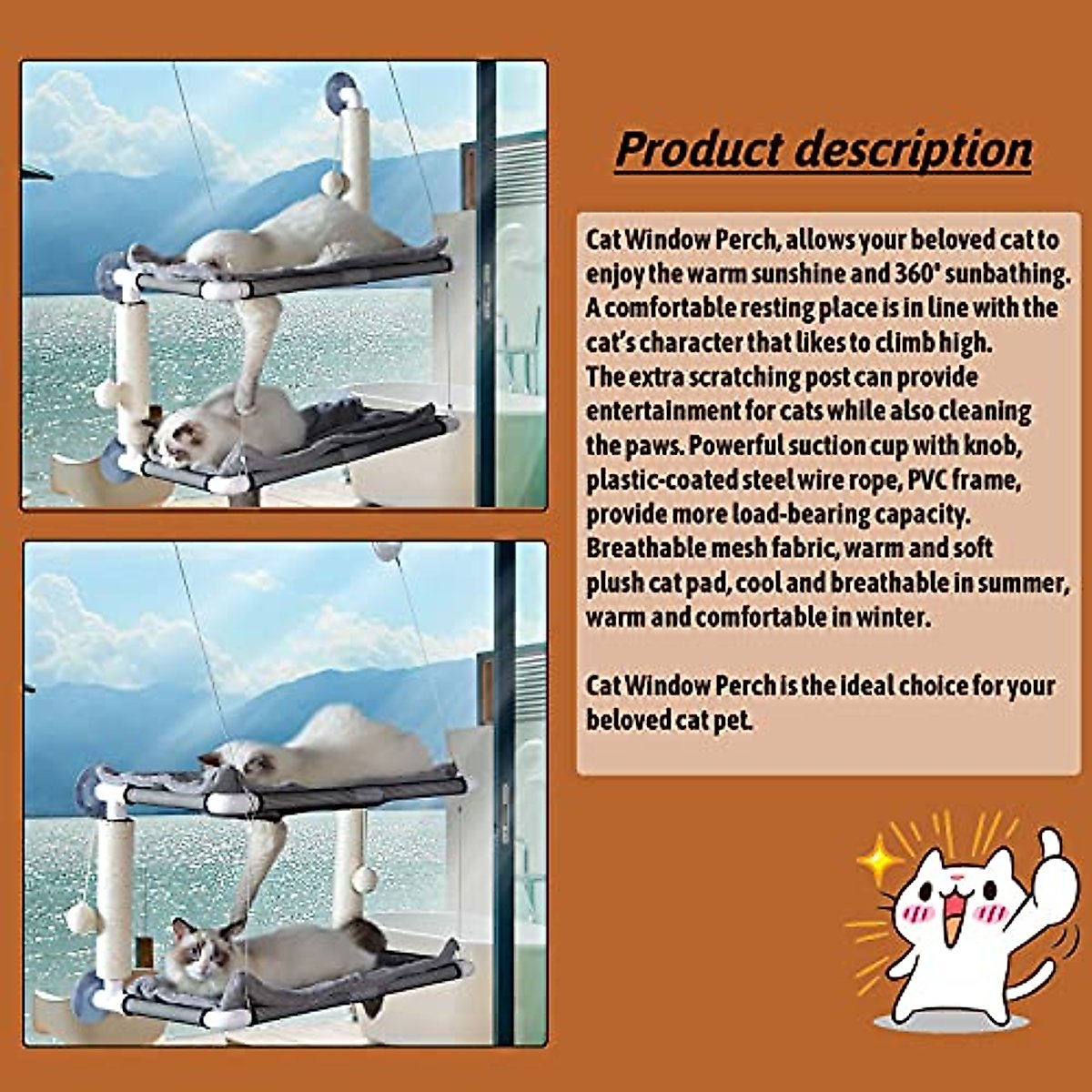 HOZOE Cat Window Perch, A Large Double-Layer Cat Hammock That Can Accommodate Multiple Cats at The Same Time, with Two Scratching Posts, Indoor Cat Ledge and Cat Bed Frame, Which Can Bear 50 Pounds…
