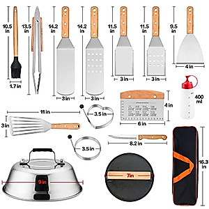 Griddle Accessories Set of 20, HaSteeL Complete Stainless Steel Griddle Spatula Tools with 9” Melting Dome, Heavy Duty Metal Spatulas Choppers Cast Iron Grill Press for Flat Top Teppanyaki BBQ Outdoor