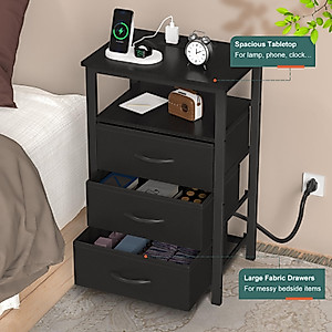 Kinembold Nightstand with Charging Station, Bedside Table LED Night Stand with USB Ports and Outlets, End Table with 3 Fabric Drawers and Storage Shelf, Night Stands for Bedroom (Black)