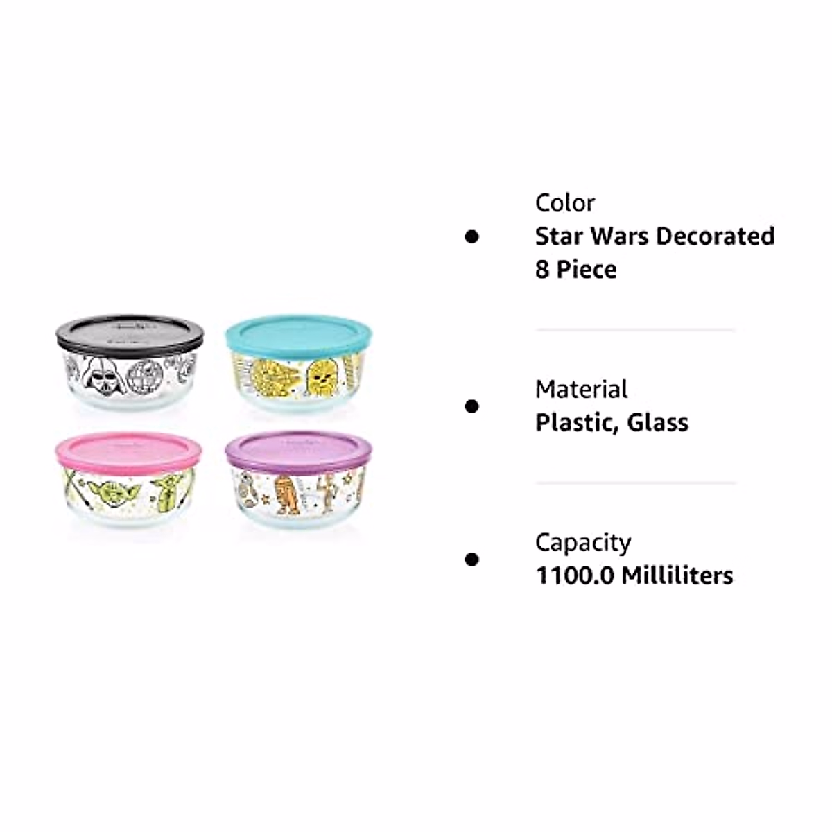 Pyrex | Star Wars Holiday Themed Durable Glass Food Storage Set | Two 4-Cup and Two 3-Cup Meal Prep Storage Containers with Plastic Lids | 8 Pieces | Dishwasher, Freezer, and Microwave Safe