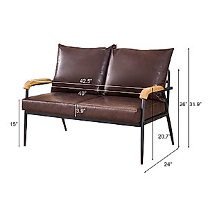 CLIPOP Mid Century Modern Accent Chair, Loveseat Sofa with Removable Backrest and Cushion, Upholstered Faux Leather Couch with Solid Wood Armrest Metal Frame Easy-Assembly, 43" W, Dark Brown