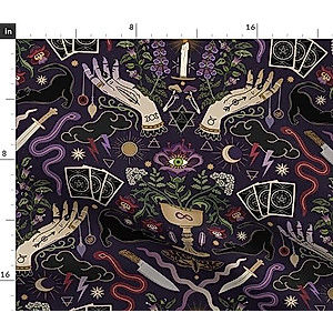 Spoonflower Fabric - Witch Life Purple Cards Cat Plants Crystals Magic Moon Mushrooms Black Printed on Petal Signature Cotton Fabric Fat Quarter - Sewing Quilting Apparel Crafts Decor