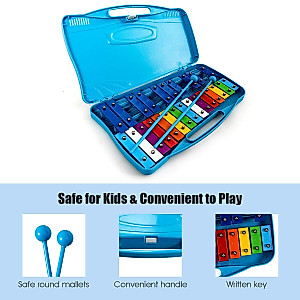 Costzon 25-Note Xylophone w/Case, Colorful Musical Toy w/Clear Tuned Metal Keys, 2 Child-Safe Mallets, Perfectly Tuned Instrument for Kids, Toddlers (With music sheets, Blue)