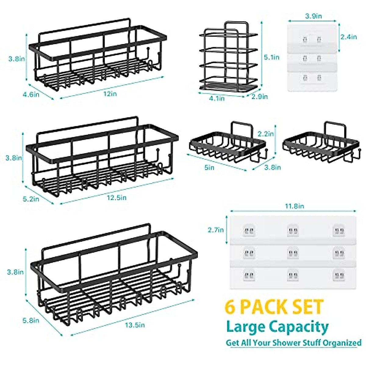 PLOOHT Shower Caddy 6 Pack, Upgraded Stronger Adhesive Shower Organizer, 13in Large Capacity Shower Shelves for Inside Shower, Rustproof Stainless Steel Bathroom Shelves with 10 Hooks, Black