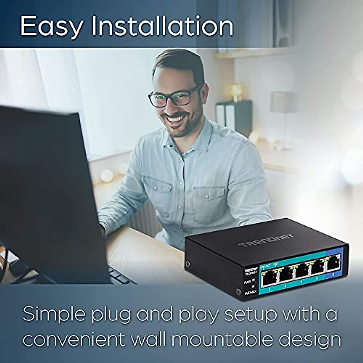 TRENDnet 5-Port Unmanaged Gigabit PoE+ Switch, 4 x Gigabit PoE+, 1 x Gigabit Port, 10Gbps Switching Capacity, 35W PoE Power Budget, Metal Network Ethernet Switch, Fanless, Black, TE-GP051
