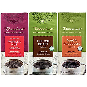 Teeccino Herbal Coffee Variety Pack - Vanilla Nut, French Roast, Maca Chocolaté - Ground Herbal Coffee That’s Prebiotic, Caffeine-Free & Acid Free, Dark Roast, 11 Ounce (Pack of 3)