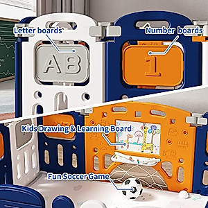 UNICOO Baby Early Education Playpen, Foldable Kids Fence, with Door Lock and Games Station Non-Slip Rubber Bases, Adjustable Shape, Portable Design for Indoor Outdoor Use (Dark Blue + White)