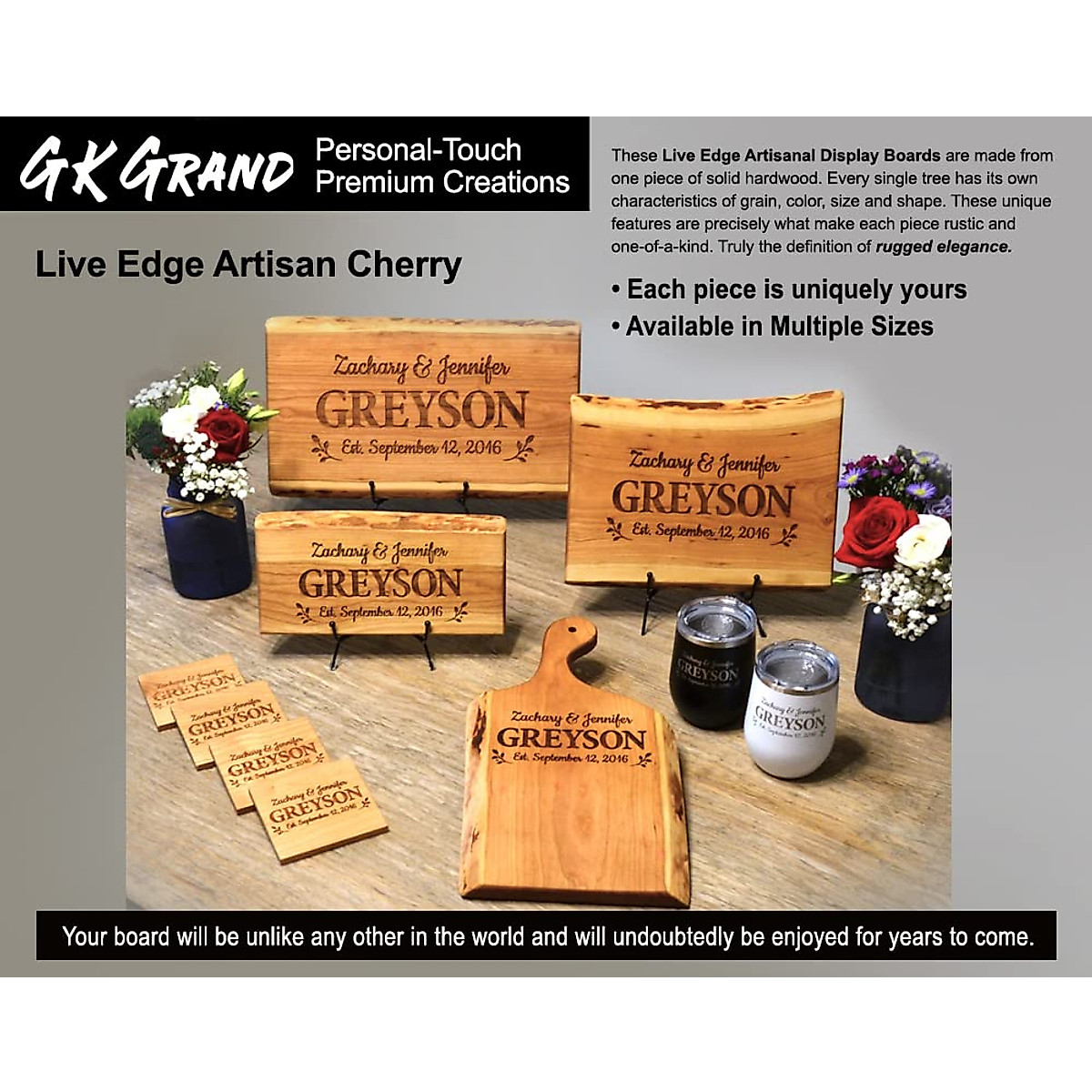 Personalized Cutting Board Wedding Gift Live Edge Cherry Wood - Engraved Unique Customized Artisan Rustic Display Bride Groom Couple Newlywed Anniversary Housewarming Christmas Bridal Shower