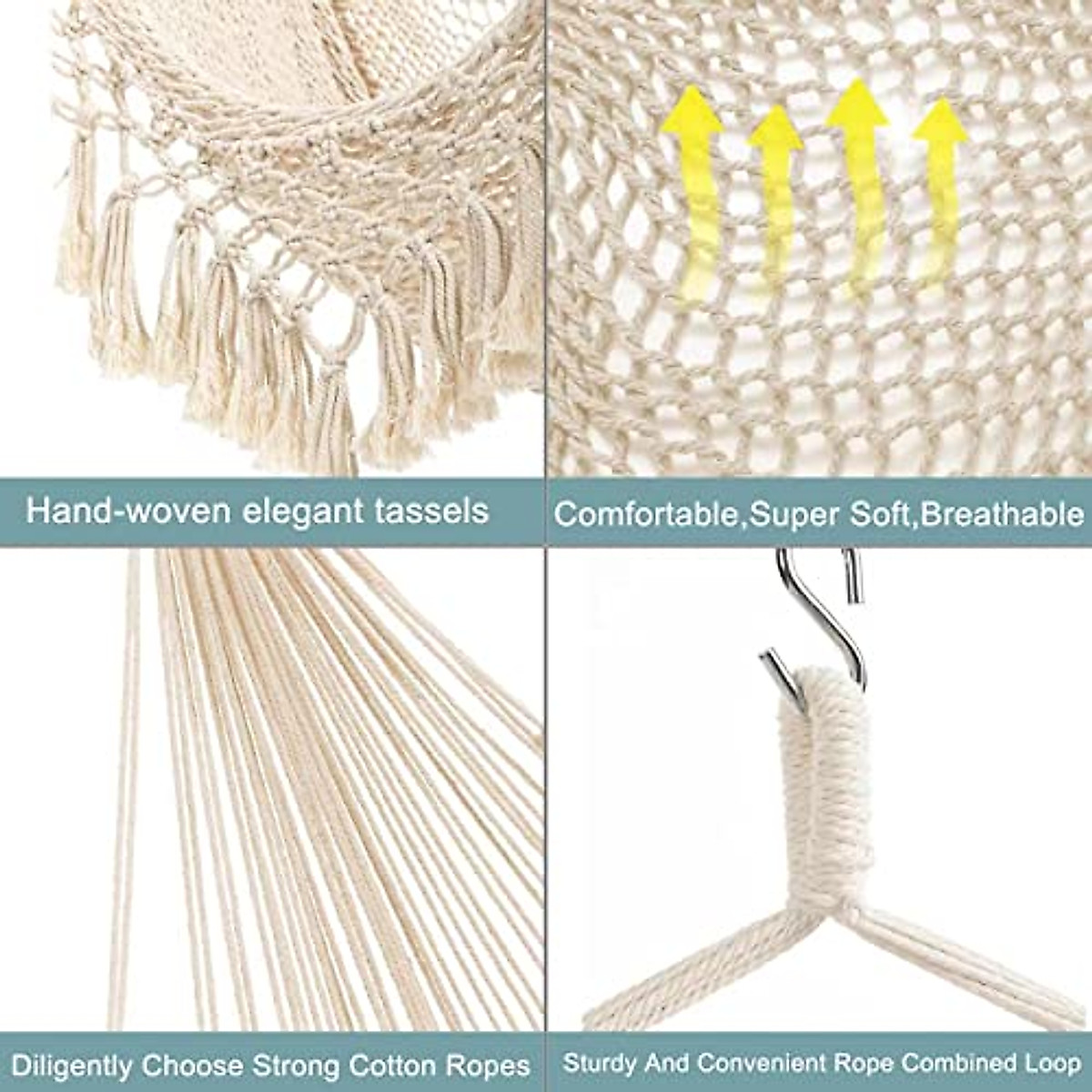 Hammock Chair，Max 330lbs, Large Hanging Chair, Soft Cotton Rope Swing Chair with High Load-Bearing Metal Rod,Indoor Outdoor Garden Yard Living Room Use