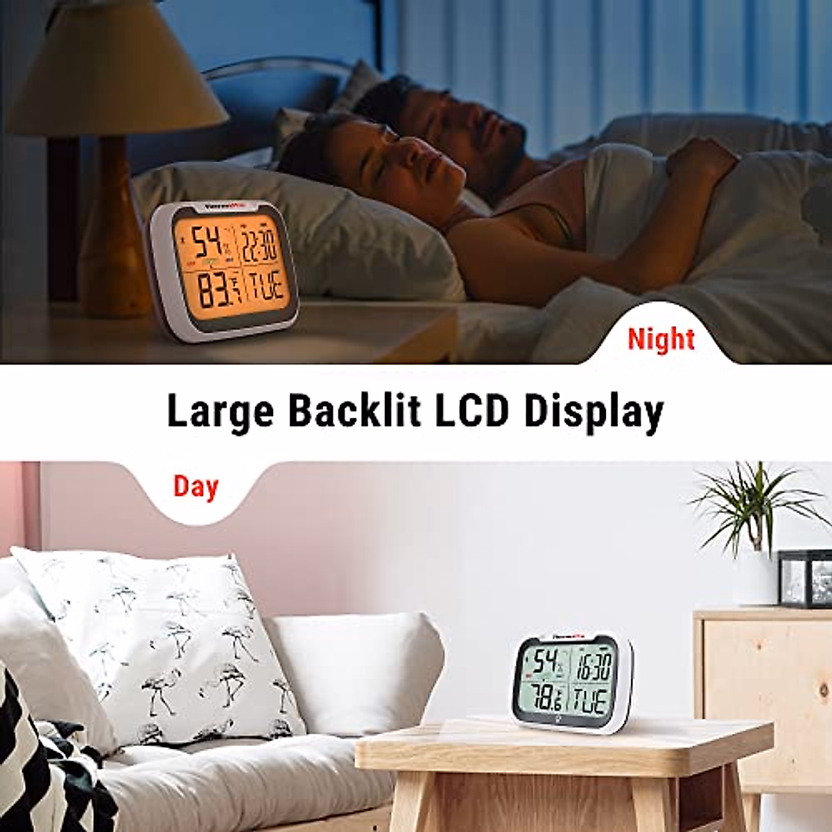 ThermoPro TP393 Hygrometer Indoor Thermometer for Home, Bluetooth Hygrometer Thermometer Range to 260FT via Smart App, Rechargeable Humidity Meter Room Thermometer and Clock with Large Size, Backlit