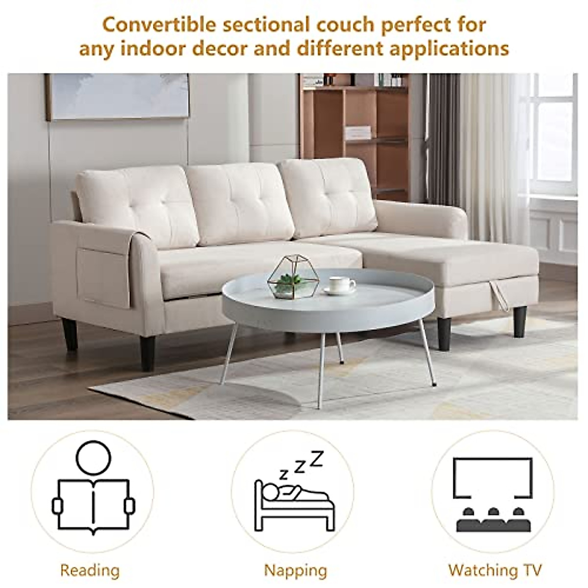 GNIXUU Pull Out Couch, Small Sectional Sleeper Sofa Bed with Storage Chaise, Convertible 3 Seater L Shaped Couch for Living Room, Beige