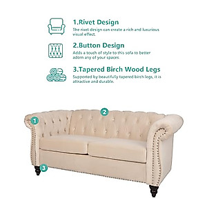 QHITTY Accent Sofa, Chesterfield Loveseat Modern Velvet Couch Upholstered Sofa with Tufted Back for Living Room Furniture (Beige)