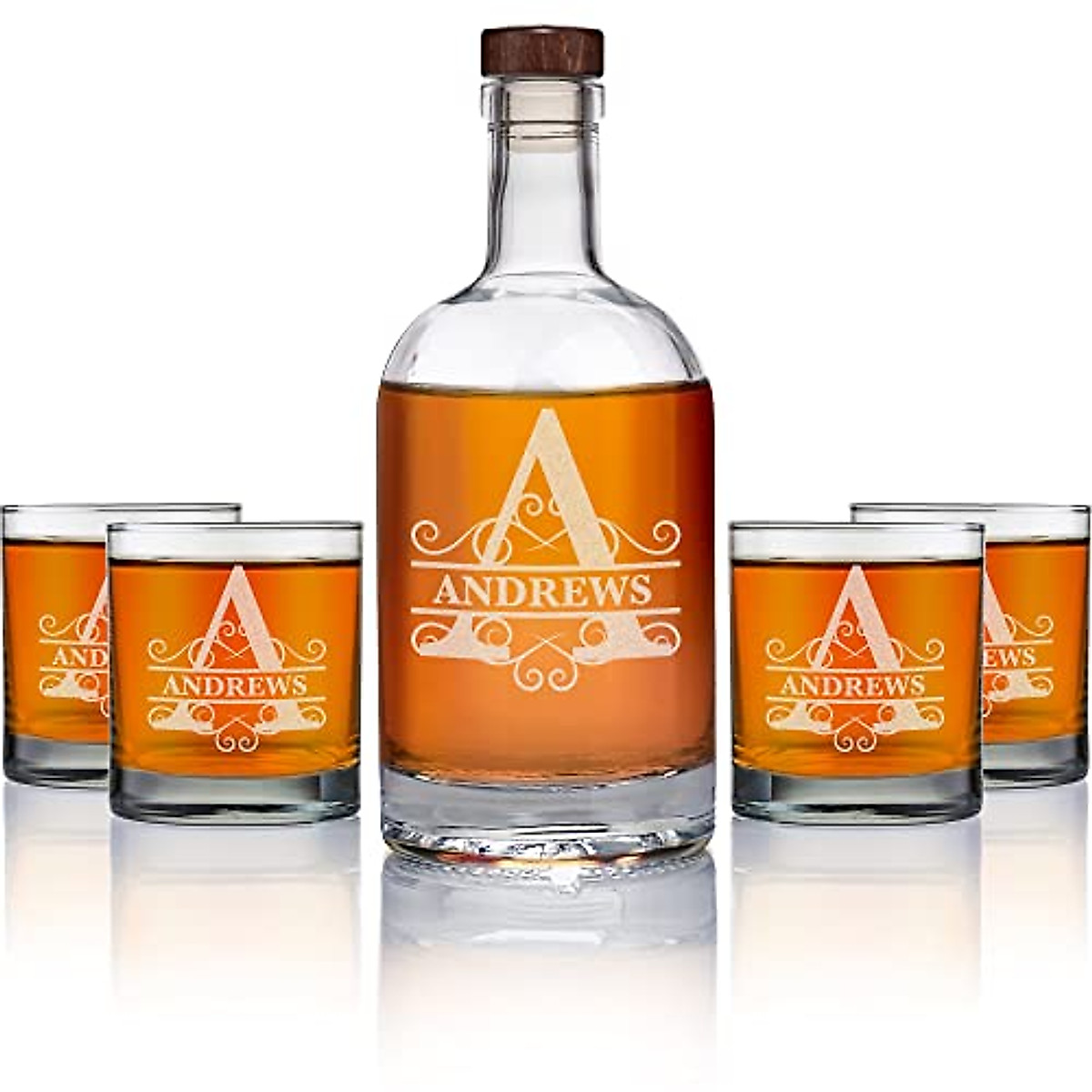 Personalized Whiskey Decanter Set for Men - Custom 5PC Monogram Whiskey Decanter and Glass Set - Scotch, Liquor Cups for Dad - Customized Bourbon Decanter Set with Glasses by On The Rox Drinks