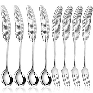 Teaspoons & Dessert Forks Set Feather Shape 18/10 Stainless Steel, Cute Silver Espresso Flatware Set for Dessert Coffee Ice Cream Pudding Condiment, 4pcs Tea Stirring Spoons & 4pcs Appetizer Forks