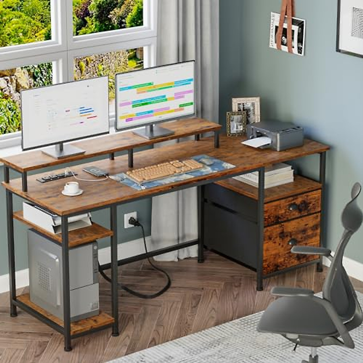 Furologee 61" Computer Desk with Power Outlet and USB Ports, Large Desk with Shelves and Drawer, Writing Study Desk with Fabric File Cabinet and Long Monitor Stand, Gaming Desk for Home Office