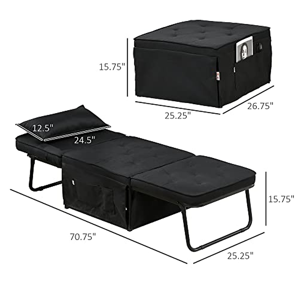 HOMCOM Ottoman Sofa Bed, 4 in 1 Multi-Function Button Tufted Folding Sleeper Chair Bed with Adjustable Backrest, Pillow, Side Pocket for Home Office, Bedroom, Living Room, Black