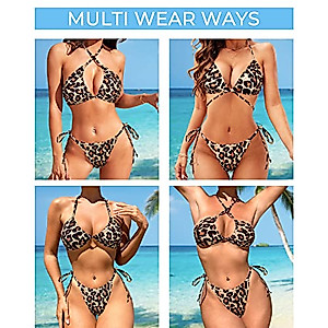 SUUKSESS Women String Triangle Bikini Sets Tie Side Thong Sexy Halter Swimsuits 2 Pieces (Cheetah, S)