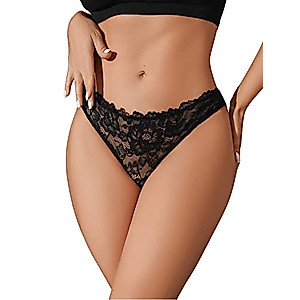 SweatyRocks Women's Lingerie Floral Lace Sheer Mesh Cut Out Thong Panties Underwear Chain Black M