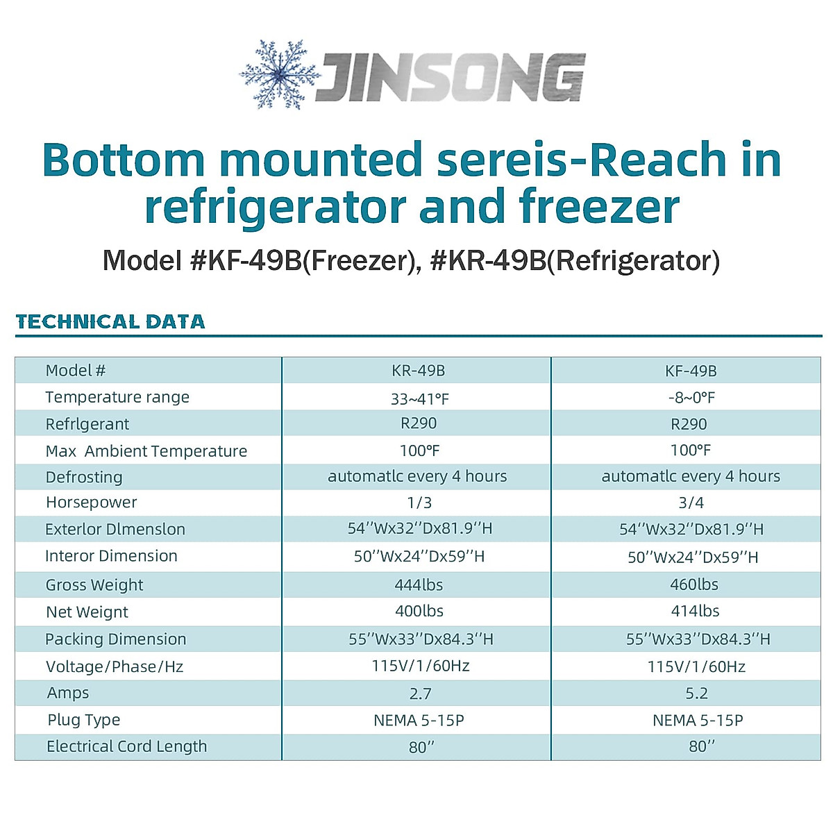 JINSONG 54" Commercial Refrigerator, 49 cu.ft with 2 Solid Door Stainless Steel Reach-in Refrigerator for Restaurant, Bar, Shop, Residential