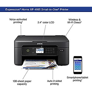 Epson_Printer XP 41 Series, All-in-One Wireless Color Inkjet Printer, Black, Print Copy Scan, 2.4" LCD, Hi-Speed USB, Auto 2-Sided Printing, Voice Activated, with MTC Printer Cable