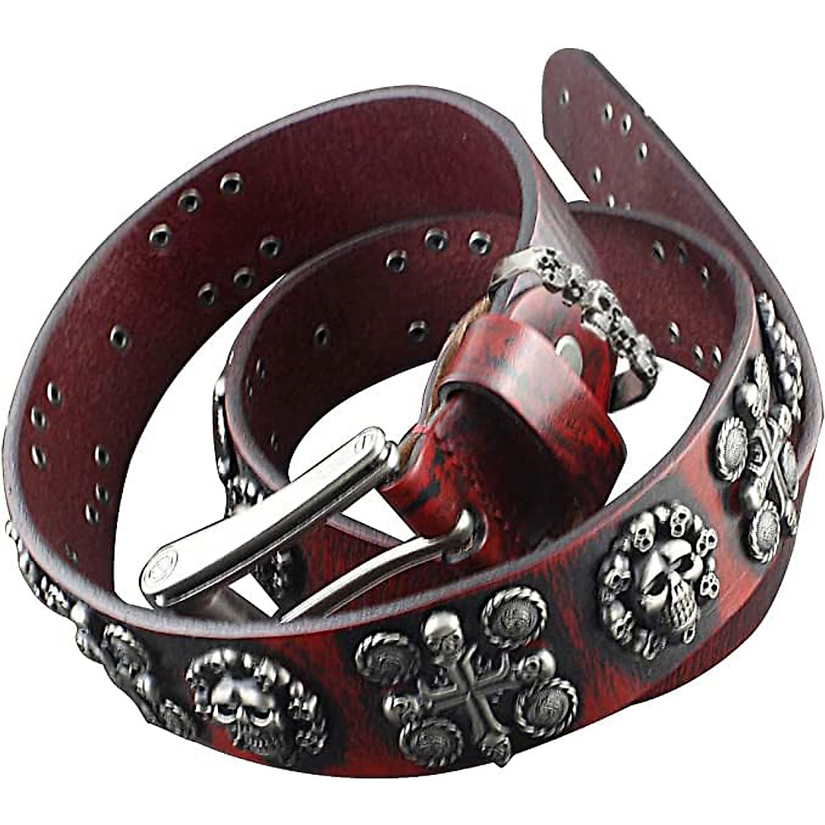 vogueteen Mens Goth Skull Cross Vintage Red Genuine Leather Belt Biker Rock One Size