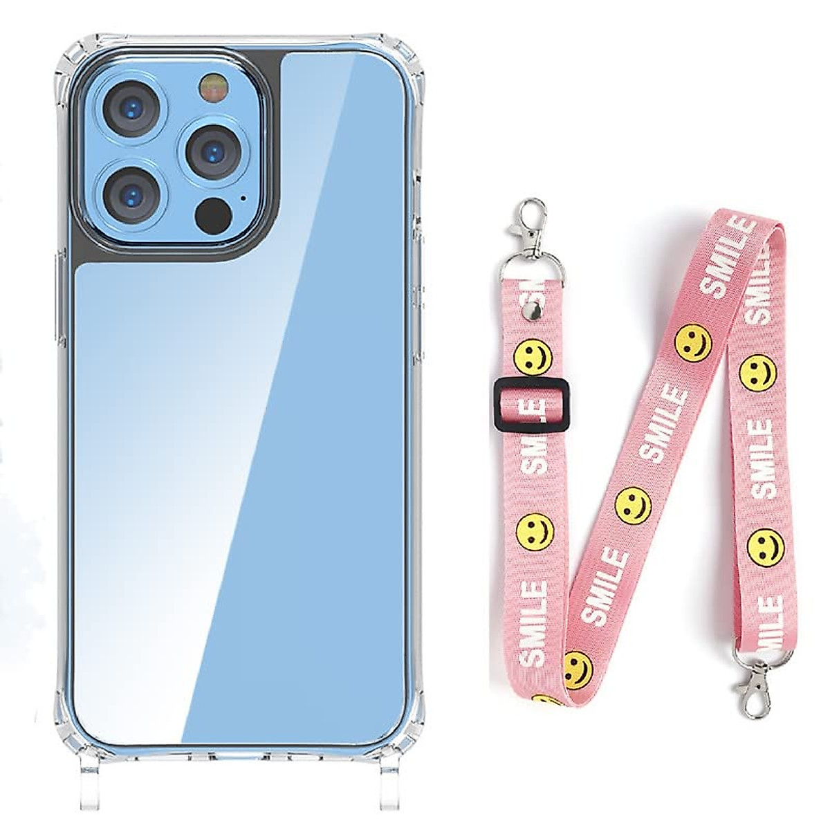 HPHRE Compatible iPhone 14 Pro Max Crossbody Case with Smiley Face Strap, Adjustable Detachable Neck Lanyard Transparent Phone Cover for iPhone 14 Pro Max 6.7 inch