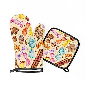 Sweet Gingerbread Chocolate Candies Oven Mitts and Pot Holders Sets of 2, Heat Resistant Non-Slip Oven Gloves Hot Pads for Microwave Cooking Baking Grilling BBQ Holiday Kitchen Decor