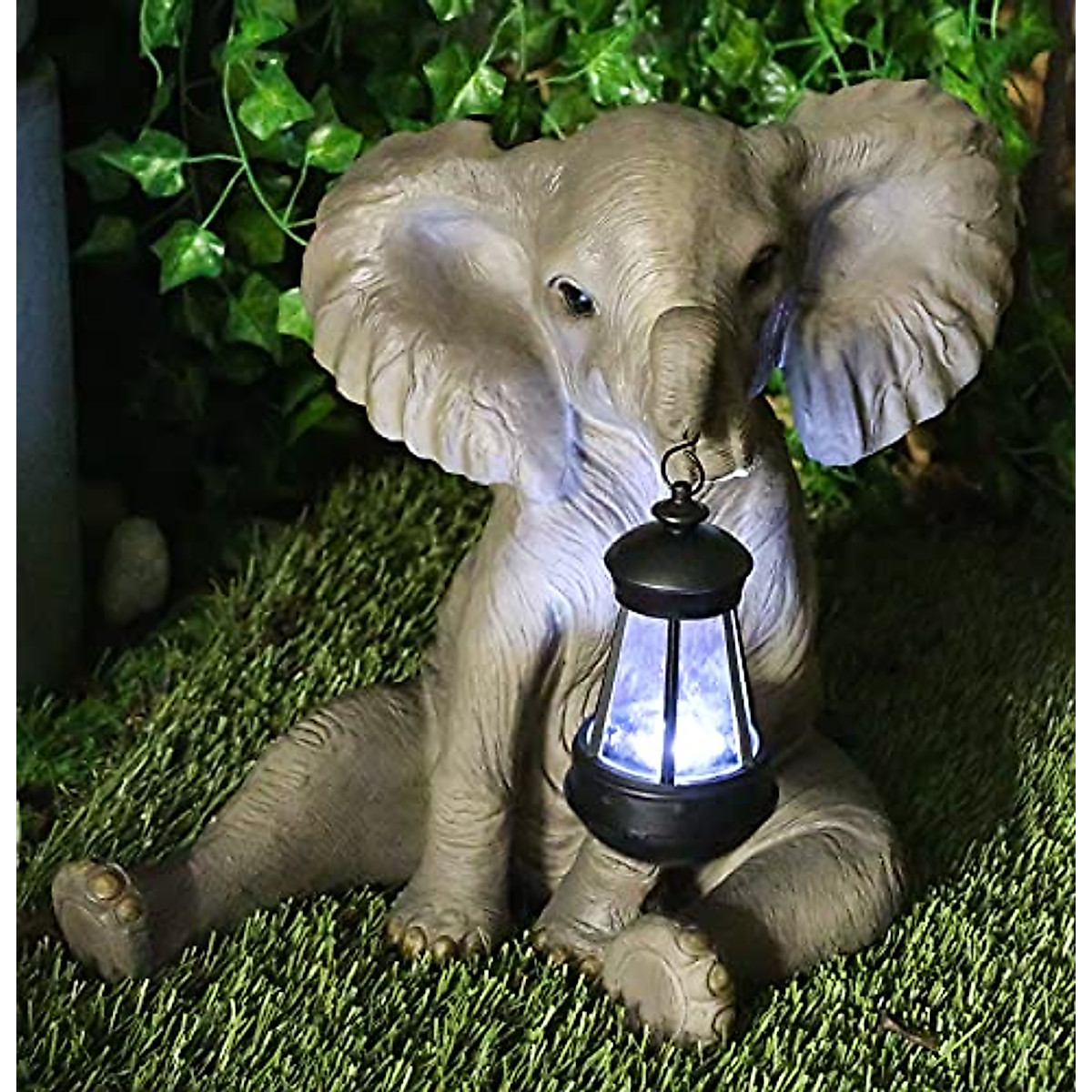 Ebros Safari Savanna Wildlife Animal Melee Adorable Pachy Elephant Statue Home Patio Decor Figurine with Solar LED Light Lantern Lamp 13.75"H Guest Greeter Elephants Path Lighter Sculpture