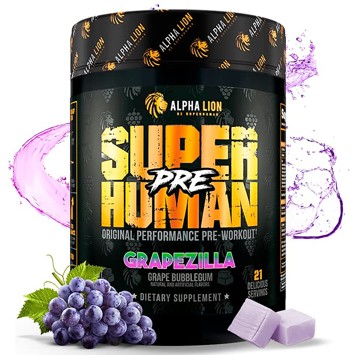 ALPHA LION Superhuman Pre Workout Powder, Beta Alanine, L-Taurine & Tri-Source Caffeine for Sustained Energy & Focus, Nitric Oxide & Citrulline for Pump (21 Servings, Grapezilla)