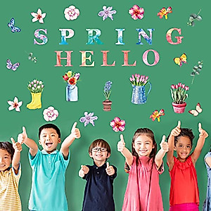 68 Pcs Hello Spring Cut Outs with 100 Pcs Glue Points Spring Floral Cut Outs Spring Bulletin Board Set Flower Plants Spring Cutouts Bulletin Board Decorations for Classroom School Game (Cute Style)