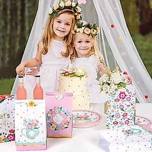 DECORLIFE 24PCS Tea Party Favor Bags, 4 Styles, Tea Party Candy Bags for Girls, Women, Kids, Perfect for Birthday Party, Stickers Included