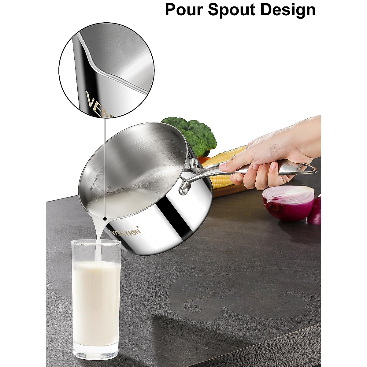 VENTION Tri-Ply Stainless Steel 1 Quart Saucepan with Lid, Bright Small Sauce Pan with Pour Spout, Small Pots for Cooking, Right Hand