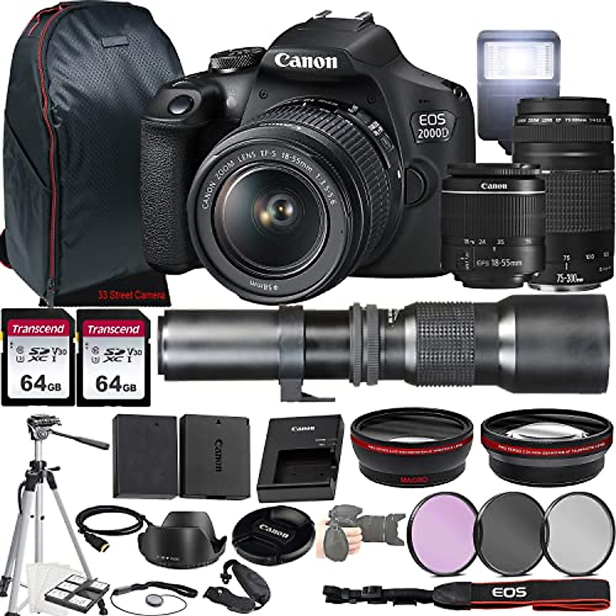 Canon EOS 2000D (Rebel T7) DSLR Camera w/18-55mm F/3.5-5.6 Zoom Lens + EF 75-300mm f/4-5.6 III Lens + 500mm f/8 Focus Lens + 2X 64GB Memory + Case + Filters + Tripod + More (35pc Bundle)