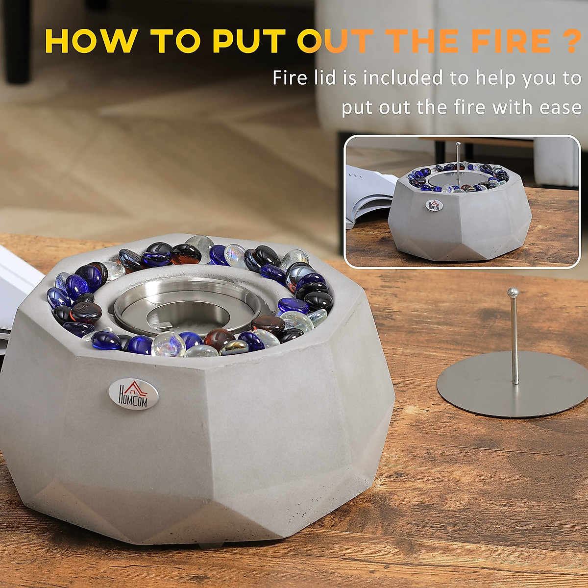 HOMCOM Concrete Tabletop Fireplace, 9" Portable Alcohol Fireplace with Lid for Indoor and Outdoor, 0.1 Gal Max 215 Sq. Ft., Burns up with Liquid Alcohol and Solid Alcohol, Light Grey